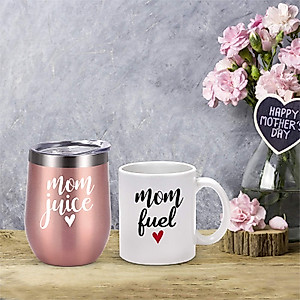 Qtencas Mom Gifts, Mom Juice Mom Fuel Coffee Mug and Wine Tumbler Set, Birthday Christmas Gifts for Mom New Mom Mothers to be Wife Women Mother's Day, Insulated Stainless Steel Wine Tumbler with Lid