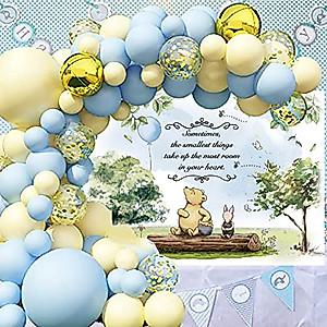 Classic Little Bear Cartoon Animal Backdrop Boy Kids Blue Balloon Birthday Photo Background Newborn Baby Shower Party Supplies Cake Table Decoration Backdrop 5x3FT