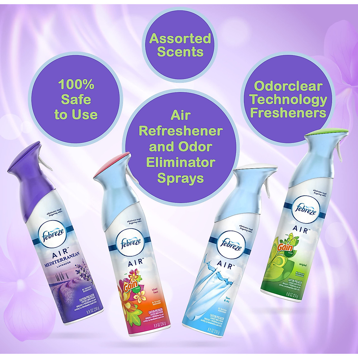 Febreze Air Freshener Odor Eliminator Spray, Assorted Scent Febreze & Bathroom Deodorizer, Original, Island Fresh, Linen Sky & Lavender, 4 Pack
