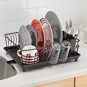 mDesign Alloy Steel Sink Dish Drying Rack Holder with Plastic Swivel Spout Drainboard Tray - Dish Rack/Dish Drainer Storage Organizer for Kitchen Counter - Concerto Collection, Bronze