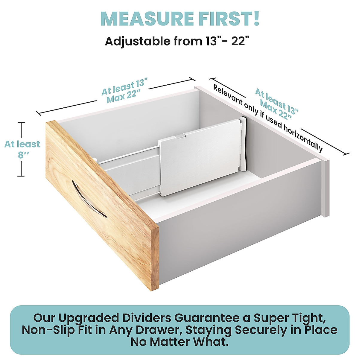 RAPTUROUS 8" Tall Drawer Dividers, 6 Pack, 13-22" Long, Expandable & Adjustable, Strong & Sturdy Non-Slip Dividers for Dresser, Kitchen, and Clothing (White)