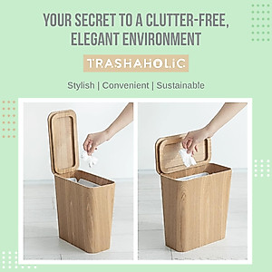 Light Wood Grain Indoor Trash Can w/Removable Cover - 3.4-Gallon Modern Waste Bin for Office, Bedroom, Bathroom - Slim Garbage Basket with Plastic Trash Bag Holder - Covered Diaper Trash Can