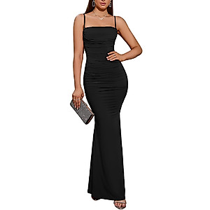 EYNMIN Women's Sleeveless Bodycon Corset Maxi Dress Spaghetti Strap Ruched Elegant Evening Wedding Guest Long Formal Dresses Black S