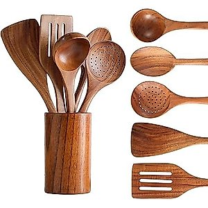 Wooden Spoons for Cooking, Cooking Utensils Set of 6 Natural Wooden Cooking Spatulas with Utensils Holder Comfort Grip Wooden Kitchen Utensils for Nonstick Cookware