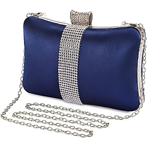 DA BODAN Fashion Womens Jane Satin Diamante Clutch Rhinestone Evening Bridal Prom Party Handbag Crossbody Purse Chain Bag (Dark blue 1)