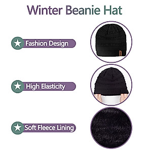 Women Beanie Hat Gloves and Scarf Set Winter Warm Knit Cap Thick Fleece Lined Neck Warmer Black Snow Ski Cold Weather, Gorras Gorros Guantes Bufandas de Invierno para Mujer, Gift for Mom