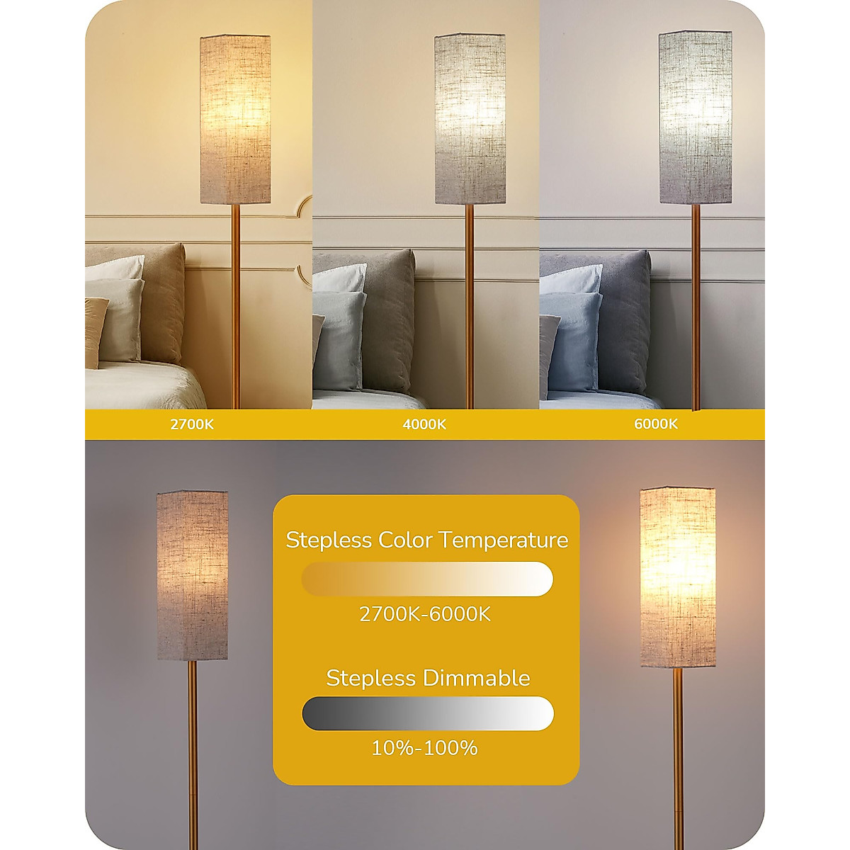 EDISHINE Modern Corner Floor Lamp with Remote, Stepless Dimmable Minimalist Reading Lamp, 65" Tall Pole Lamp for Living Room, Bedroom, Office, 9W LED Bulb Included (Gold)