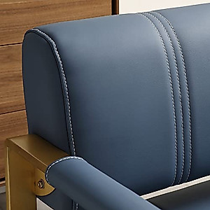 BIAYE Set 57.9" Width Modern Upholstery Faux Bonded Leather Loveseat Living Room Accent Love Seats for Small Spaces 2 Seater Couch Sofa Studio Furniture with Golden Metal Arms,Blue