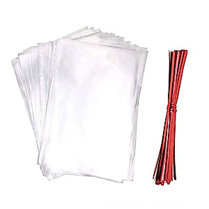 Mini Skater 5 x 7 Inch Clear Flat OPP Cello Cellophane Treat Bags With 100Pcs Red Twist Ties For Wedding Gift Candy Cookie Bakery Bread Dessert, 100Pcs