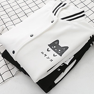 Cute Cat Baseball Jacket Hoodie Long Sleeve Casual Sweatshirt Oversized Kawaii Print Pullover Aesthetic Coat for Girl Black