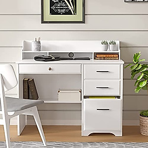 White Desk with Drawers and Storage, Home Office Desk Computer Desk with 4 Drawers & Hutch, Home Desk Small White Desk with Drawers for Bedroom, Home Office, White