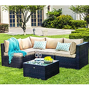 NATURAL EXPRESSIONS 5 Piece Wicker Patio Sectional Furniture Sets Outdoor Sofa Rattan Couch,All Weather Conversation Set with Tempered Glass Coffee Table and Cushions,Deck, Poolside,Backyard Porch