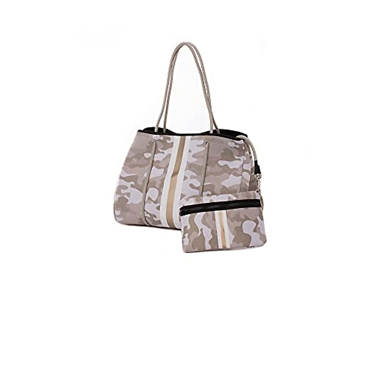 Haute Shore - Greyson Sahara Neoprene Tote Bag wZipper Wristlet Inside, Beige Camo WWhite & Rosegold Stripe