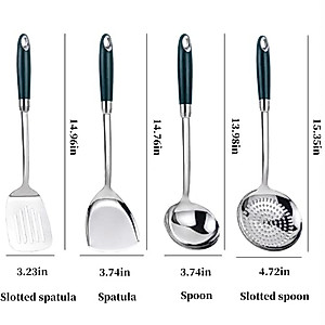 Niulife Kitchen Utensils Set, 4pcs Large Heat Resistant Cooking Utensil Spatula, Green Stainless Steel Nonstick Gadgets Tools, Dishwasher Safe Spatulas Spoon for, Home, Essentials