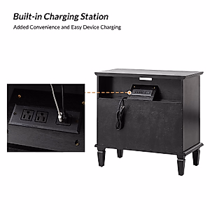 HULALA HOME Farmhouse Nightstand with Charging Station, Set of 2 End Table with USB Ports and Outlets, Fluted Pilasters Bedside Table with Open Space Dresser for Bedroom,Black