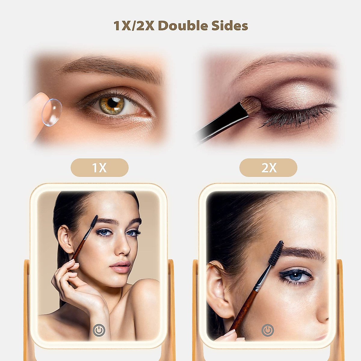 Canyfne Lighted Makeup Mirror, 360°Rotation Makeup Mirror, Double Sided 1x/2x Magnifying with Touch Screen Adjustable Brightness LED Light, Portable Tabletop Mirror for Make Up, Rechargeable Mirror