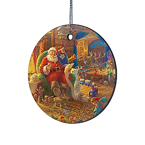 Thomas Kinkade - Santa’s Workshop - Checking His List - 3.5” Starfire Prints Hanging Glass Print Accessory – Officially Licensed Collectible | Complimentary Velveteen Gift Bag