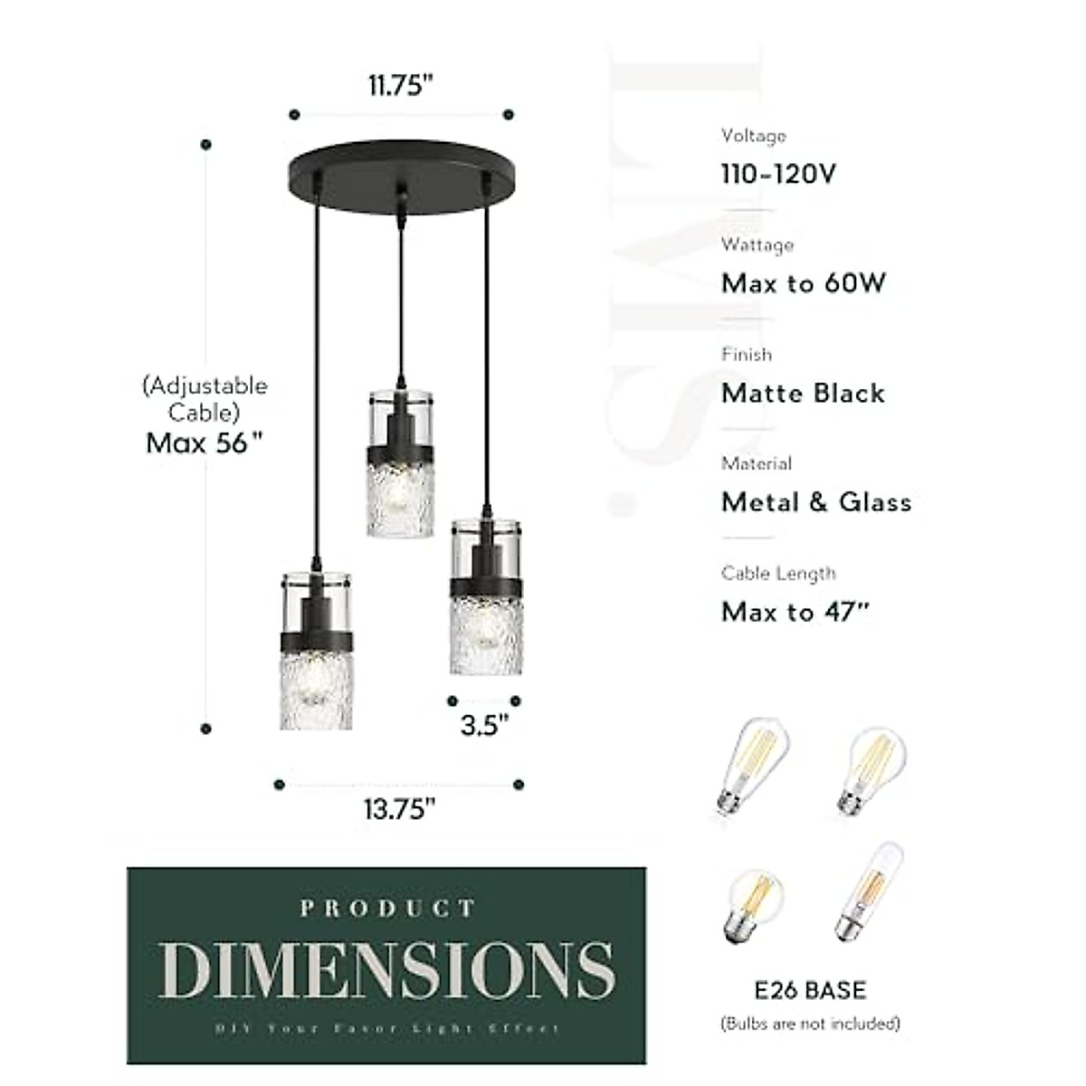 LMS Black 3-Light Pendant Fixtures, Adjustable Kitchen Hanging Light Fixture, Cluster Pendant Lights, LMS-188