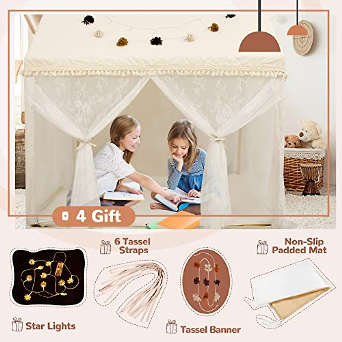 Kids Play Tent Indoor Outdoor, Large Play House Tents for Toddlers 3-12 Years Old, Girls Boys Play Tents with Non-Slip Mat, Tassel Garland and Star Lights, Neutral Color 52" x 35" x 52"