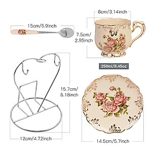 YOLIFE Tea Cups and Saucers Set of 2, Porcelain Floral Tea Cups Set with Holder, Fancy Vintage Tea Cups 8 oz