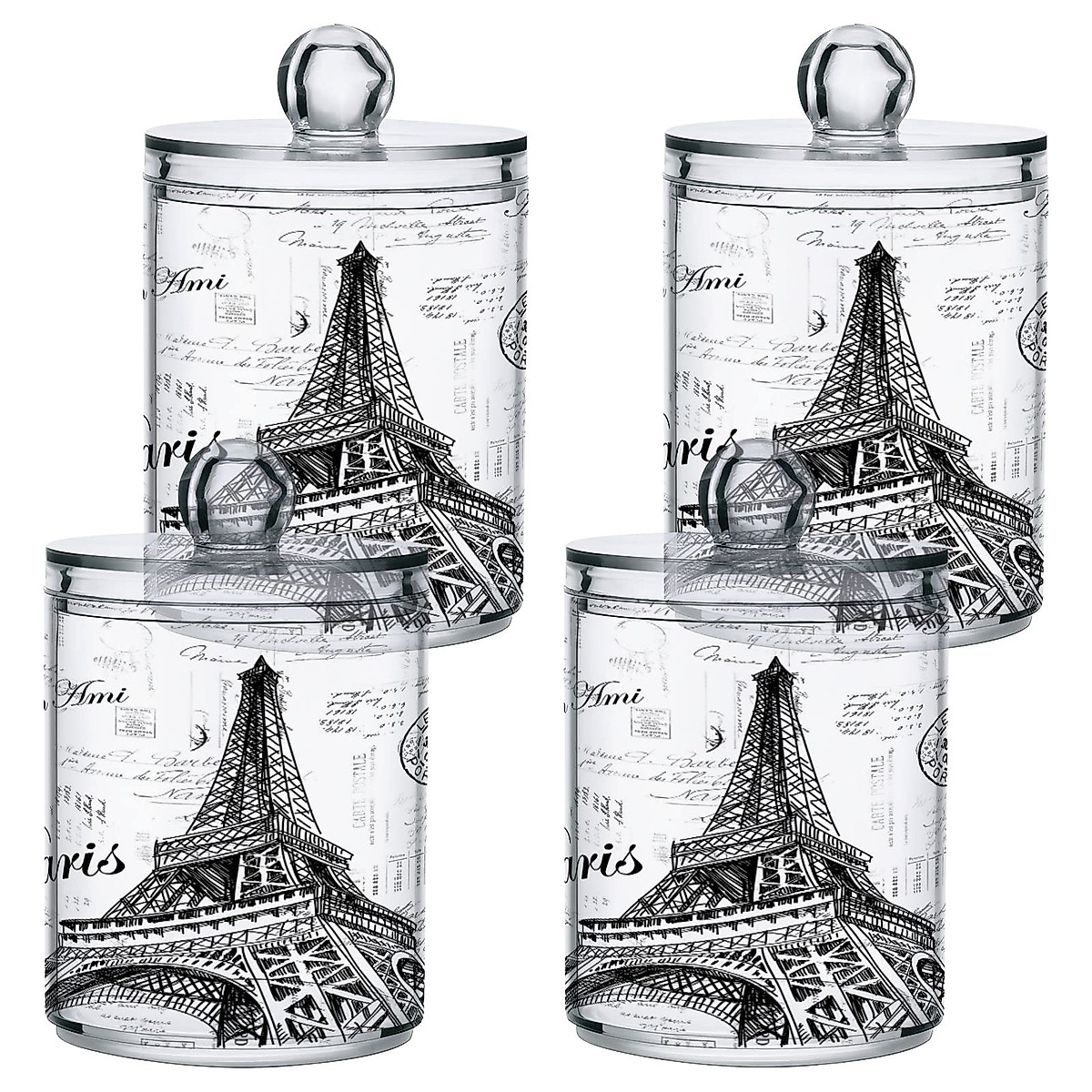 WELLDAY Apothecary Jars Bathroom Storage Organizer with Lid - 14 oz Qtip Holder Storage Canister, Paris Eiffel Tower Clear Plastic Jar for Cotton Swab, Cotton Ball, Floss Picks