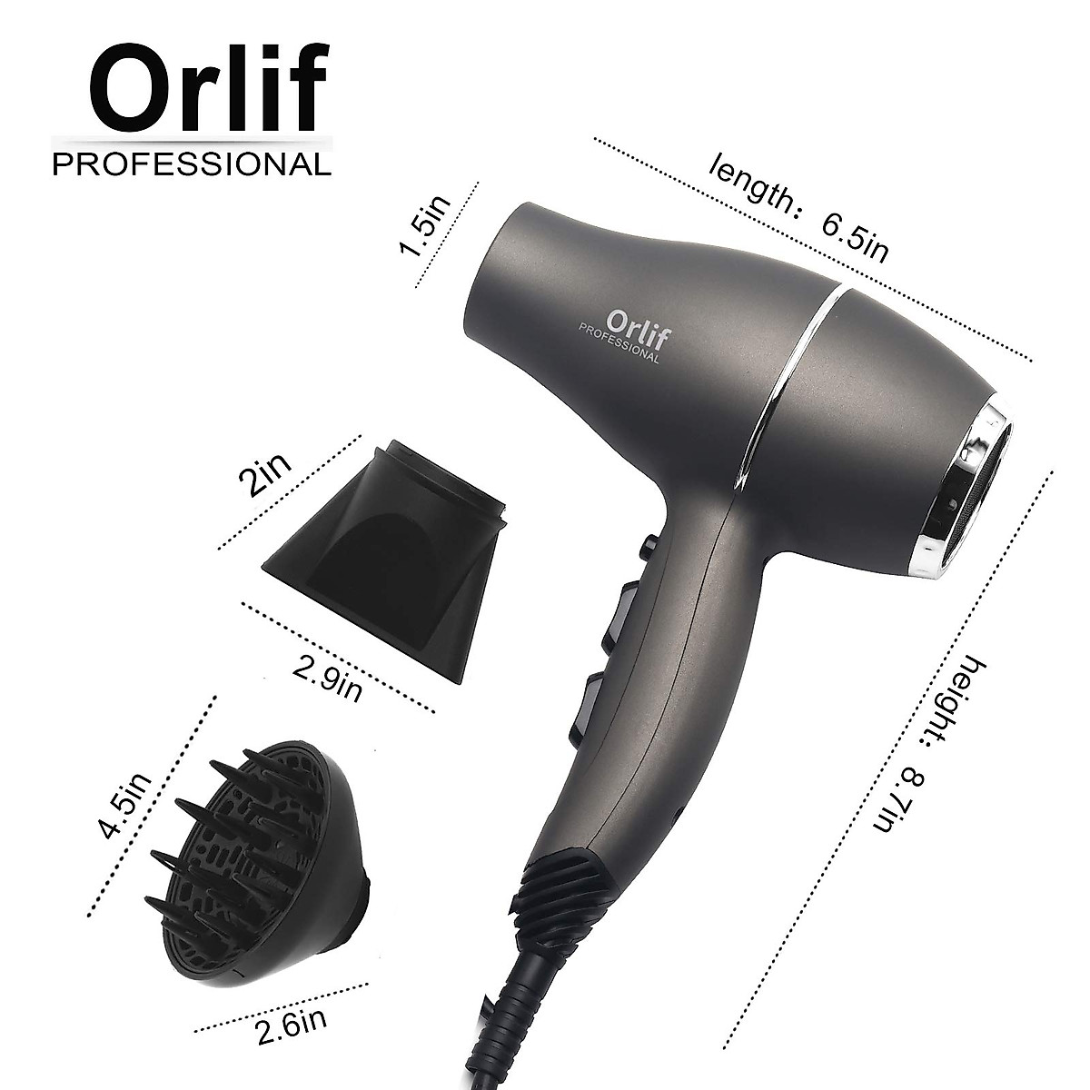 Orlif 1875W Hair Dryer，Ionic Fast Dry Noiseless Hair Blow Dryer with AC Motor，Professional Salon Hair Dryers with Diffuser，Concentrator，2 Speed and 3 Heat Settings，Cool Shot Button，Gray