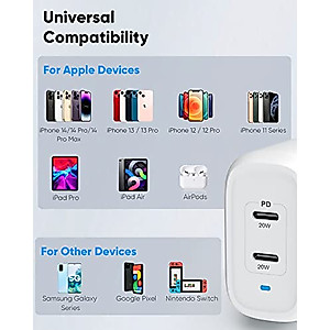 PowerLot USB C Wall Charge PD3.0 2-Port 40W Power Brick GaN Charger, 20W USB C Block for iPhone 14/14 Pro/14 Pro Max/14 Plus, iPhone 13/13 Pro, iPhone 12/12 Pro, MacBook Air, iPad Pro, iPad Air