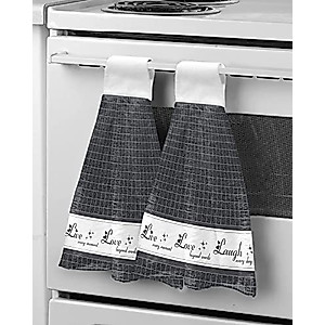 2 Pack Hanging Kitchen Hand Towels, Live Love Laugh Grey Hand Tie Towels with Hanging Loop, Gray Checkered Wall Art Modern Soft Absorbent Towels Set for Bathroom and Kitchen