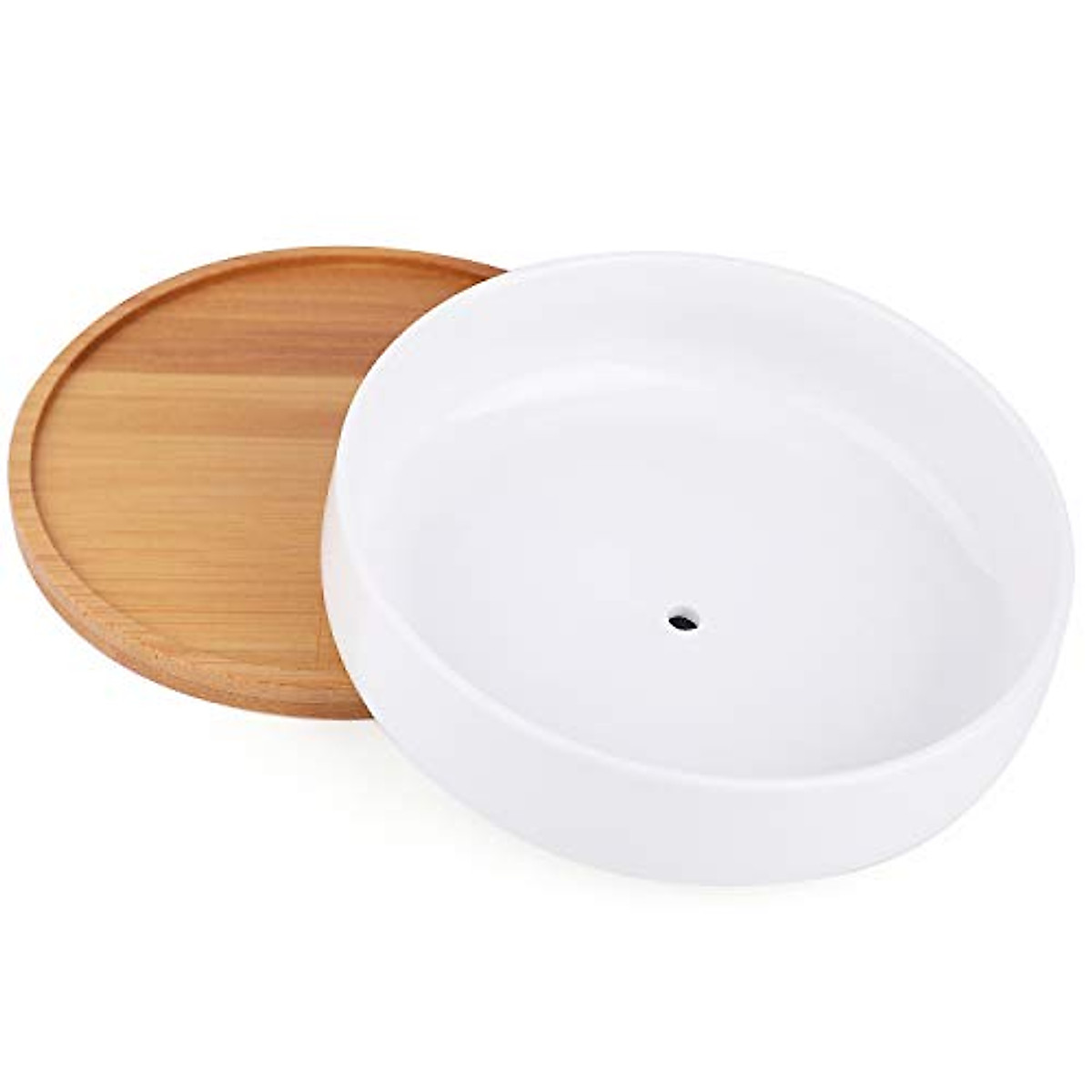 Lawei 3 Pack 6 inch Round Succulent Cactus Planter Pots with Drainage Bamboo Tray - Garden Ceramic Flower Planter Pot