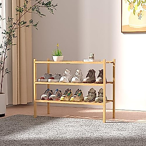 ROMGUAR CRAFT 3 Tier Bamboo Shoe Rack for Closet Free Standing Wood Shoe Shelf for Entryway Small Space Stackable 27"x11"x20" (Natural)