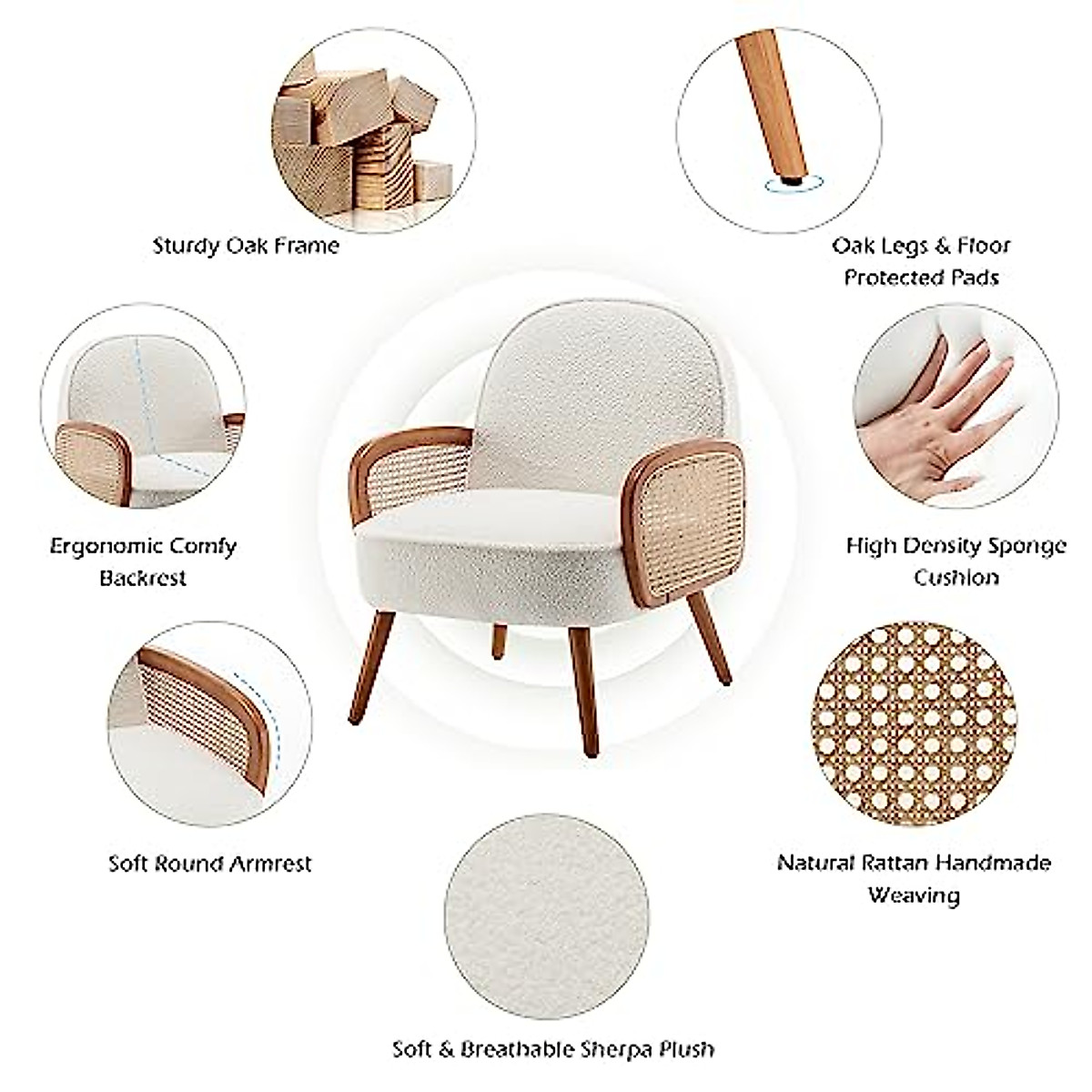 SHINEBOOM Accent Chairs Rattan Comfy Upholstered Modern Arm Chair for Living Room Reading Bedroom Balcony Sherpa Plush Chair, White