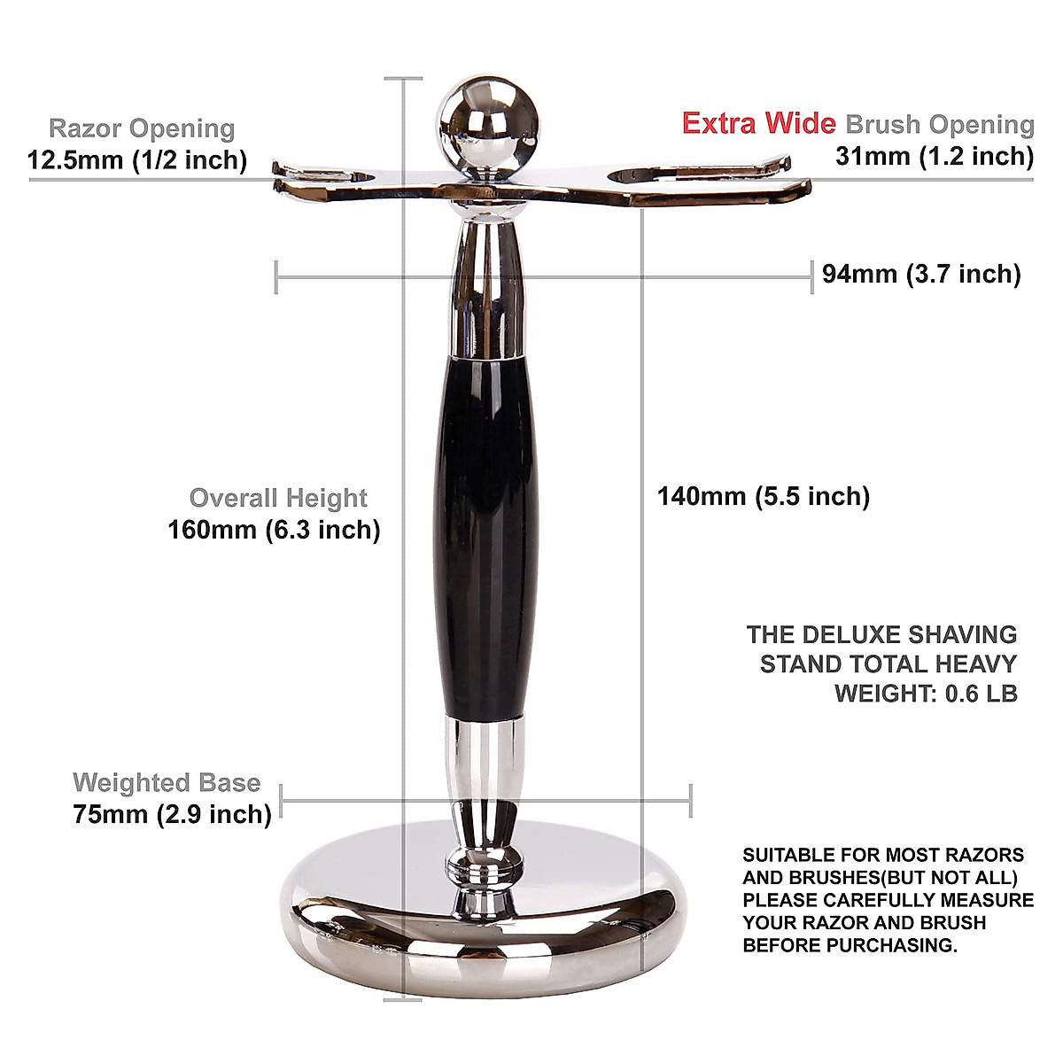 Deluxe Stainless Steel Shaving Brush Stand Holder for Razor & Brush - Extra Wide Openings, Weighted Base Black Handle