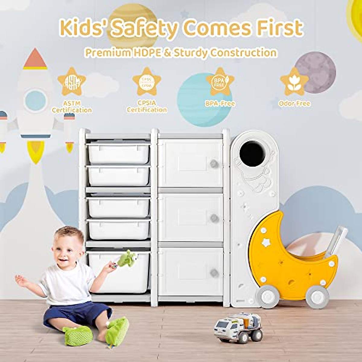 duke baby Kids 3 Layer Toy Storage Organizer with 5 Storage Bins, 3 Toy Cabinets with Doors, Display Bookshelves and Toy Cart for Kids Playroom Bedrooms Age 1-12, Space Collection Medium
