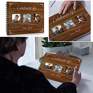 Kathfly Funeral Guest Books with Picture Pocket for Memorial Service Celebration of Life Memory Book for Funeral for Address Name, 48 Pages/ 96 Sheets, 11 x 8.5 Inch(Wood Grain)