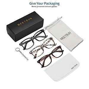 MEETSUN Blue Light Blocking Glasses, Anti Eye Strain Headache (Sleep Better),Computer Reading Glasses UV400 Transparent Lens (Black+Leopard+Tortoise, 53)