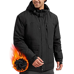 FREE SOLDIER Men's Waterproof Ski Jacket Fleece Lined Warm Winter Snow Coat with Hood Fully Taped Seams(Black,XXL)