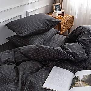 TazmKezm Black Grid 100% Washed Cotton Duvet Cover Set, 3 PCs Breathable Soft Bedding Set Linen Textured. Black White Grid Pattern Duvet Cover King Size (No Comforter)