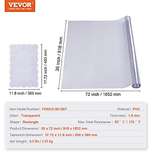 VEVOR Clear Table Cover Protector, 36" x 72" Rectangle Table Cover, 1.5 mm Thick PVC Plastic Tablecloth, Waterproof Desktop Protector for Writing Desk, Coffee Table, Dining Room Table