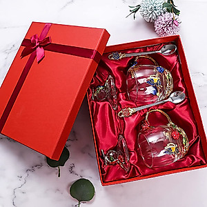 Guon-Wuvl 2 Pack Flower Teacup Transparent Glass Teacup, (With Spoon + Lid), Fancy Tea Cups, Flower Tea Cup,Tea Cup Gift, Tea Sets for Women,Gifts for Women (E)