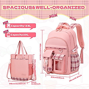 PIG PIG GIRL Girls Backpack, 2pcs Set School Backpack with Convertible Shoulder Tote Bag Water Resistant Book Bag for Primary Elementary School,Pink