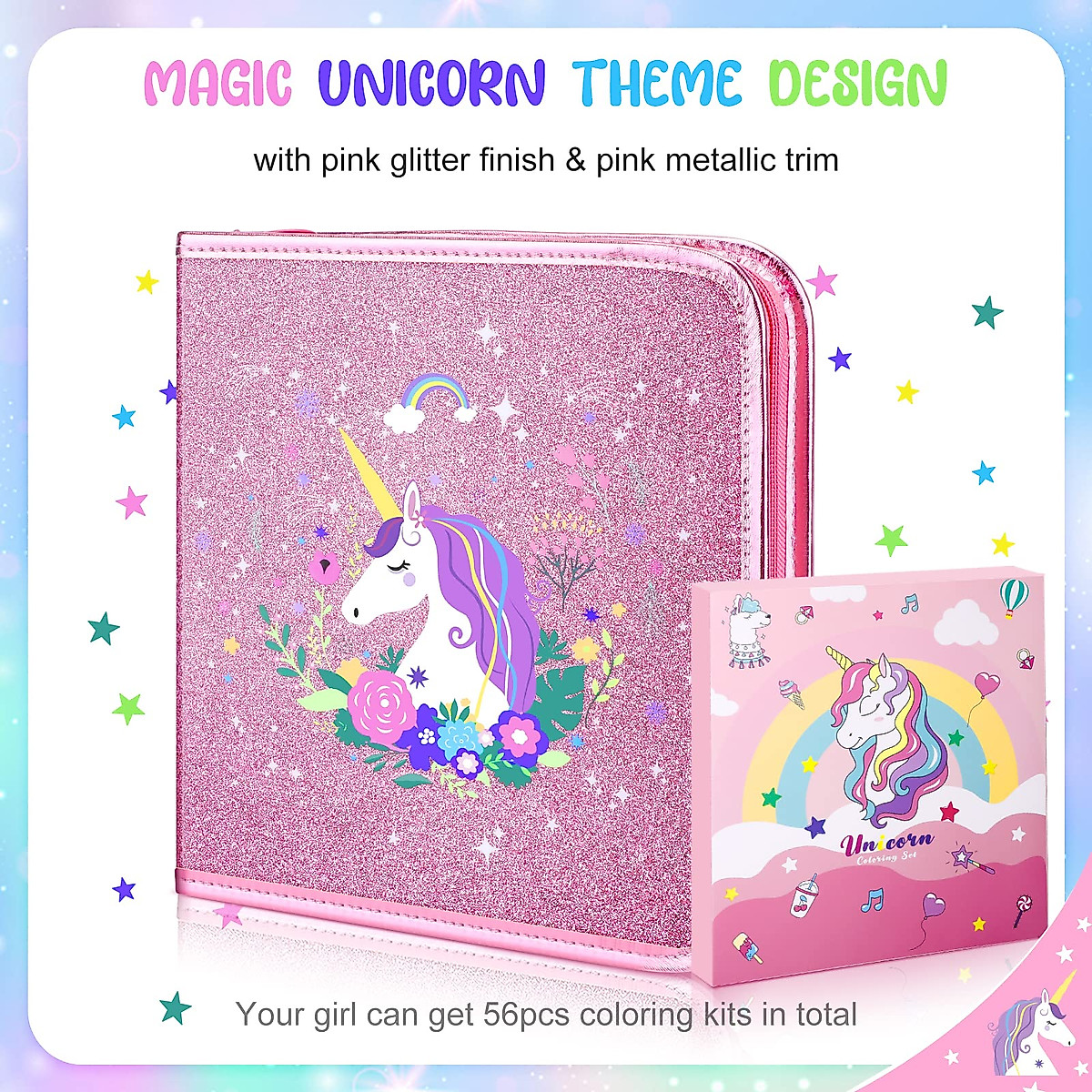 56 Pc Fruit Scented Marker Set with Glitter Unicorn Case, Art Supplies Kit for Kids Ages 4-8