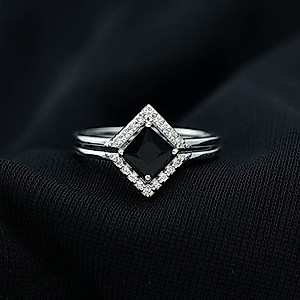 Princess Cut Black Onyx Ring with Diamond Enhancer Band, 5 MM, AAA Quality, Wedding Engagement Ring Set for Women, 14K White Gold, Size:US 6.00