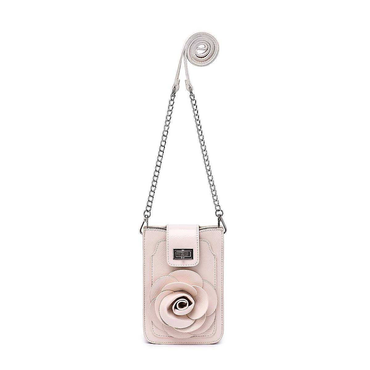 Mellow World Rosa 3D Floral Cell Phone Small Cross Body Shoulder Bag Vegan Leather Women Purse Touch Screen Removable Strap, Cream