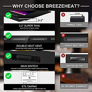 BREEZEHEAT 50inch Electric Fireplace Recessed Wall Mounted-Ultra Thin Fireplace Heater for Living Room/Bedroom with 2 Heat Vents, Remote Control, Touch Screen, Adjustable Flame, 8H Timer, 750w/1500w