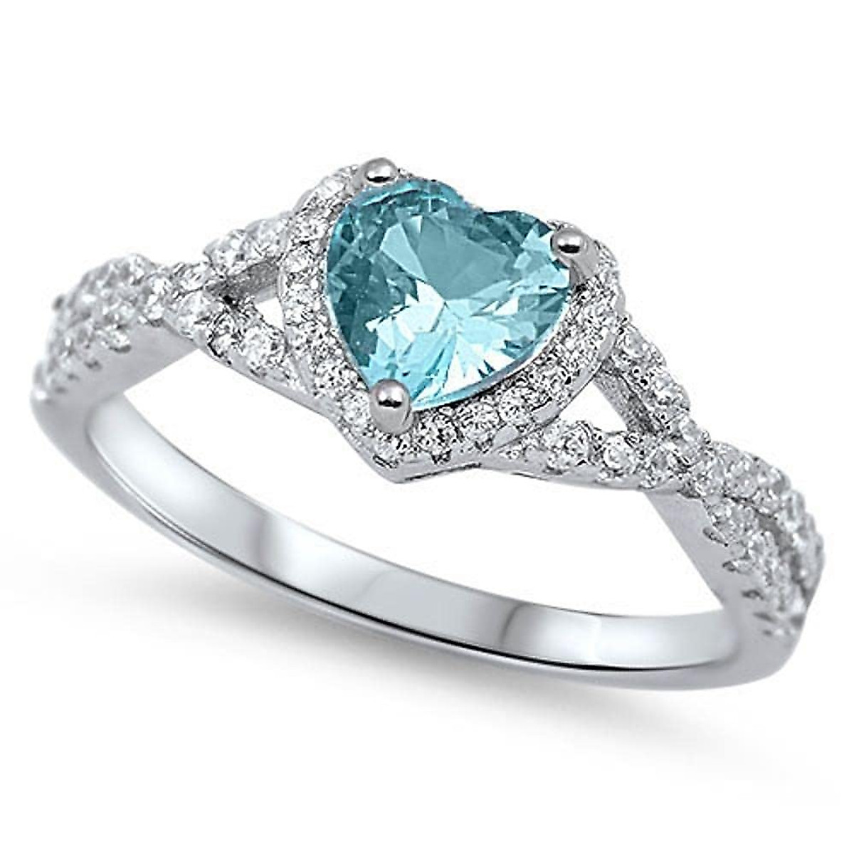 Heart Blue Simulated Aquamarine Halo Ring .925 Sterling Silver Infinity Knot Size 9