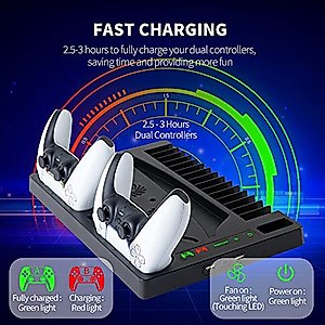 HAPROUND PS5 Vertical Stand with Cooling Fan and Dual Controller Charger - Indicator Lamps and 15 Game Slots, Fast Cooling Through Metal Base, PS5 Console Compatible