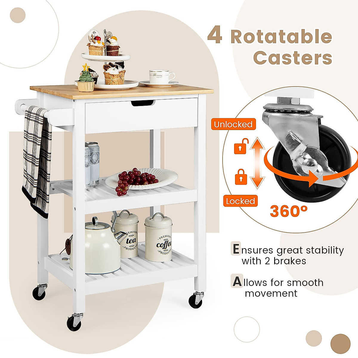 Giantex Kitchen Island Cart with Storage, Rolling Bamboo Kitchen Cart on Wheels, w/Pull-Out Drawer, Towel Handle, 2 Open Shelves, Mobile Coffee Bar Cart for Dining Room Living Room (White & Beige)