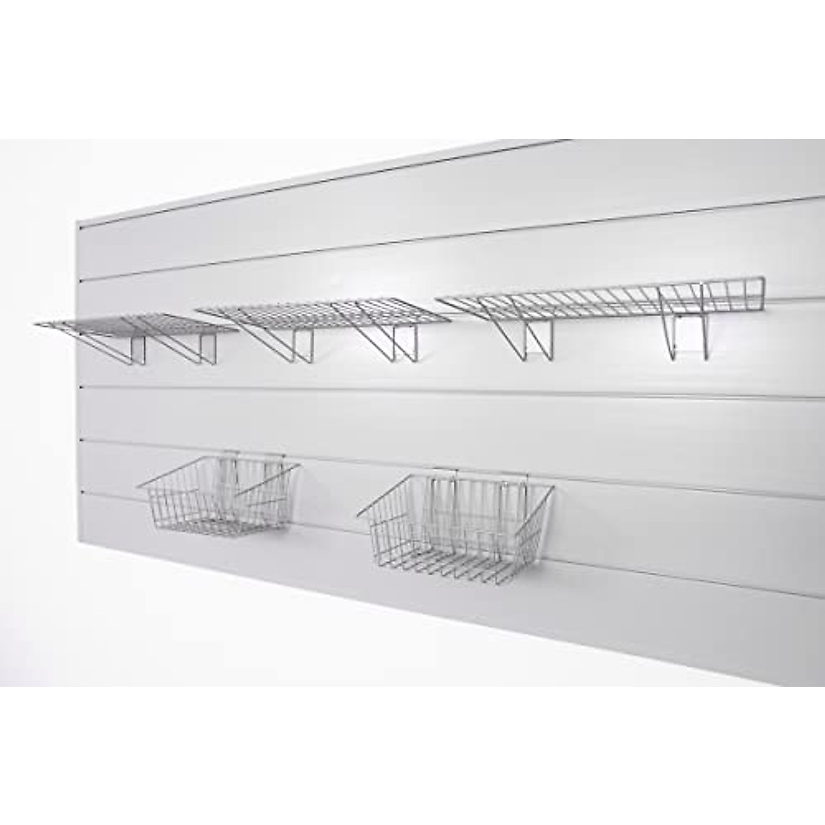 Crownwall Steel Shelf and Basket Organizer Value Kit with 5 Heavy Duty Shelves and Baskets for Storage and Organization, Compatible Slatwall