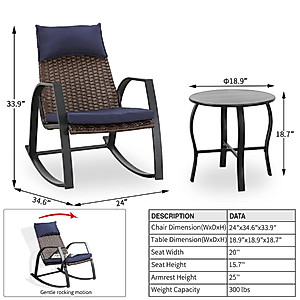 PatioFestival Patio Bistro Set 3 Pieces Outdoor Furniture Cushioned Rocking Chairs with Side Table Pillow All Weather Frame, Blue