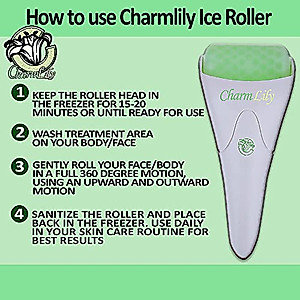 CHARMLILY Jade & Ice Roller + Gua Sha Massager Tool Set for Face & Eyes, Puffiness, Reduce Wrinkle Aging, Migraine, Pain Relief on Neck & Body, Cold Facial Original Natural Stone - 3 in 1